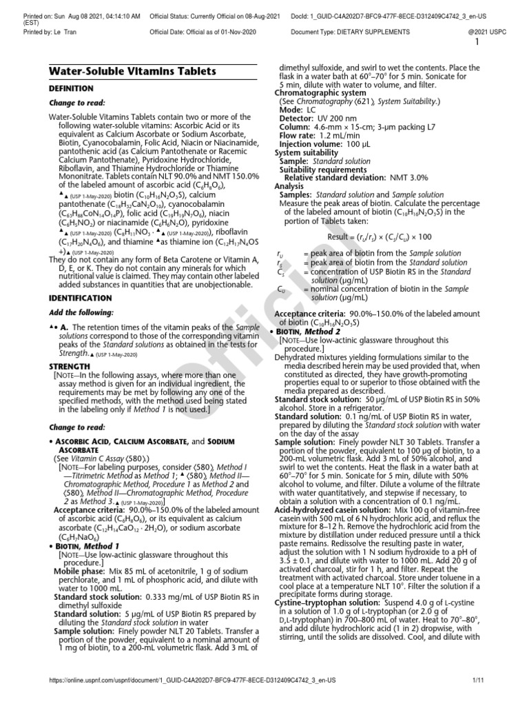 Water-Soluble Vitamins Tablets Overview | PDF | Acid | Salt (Chemistry)
