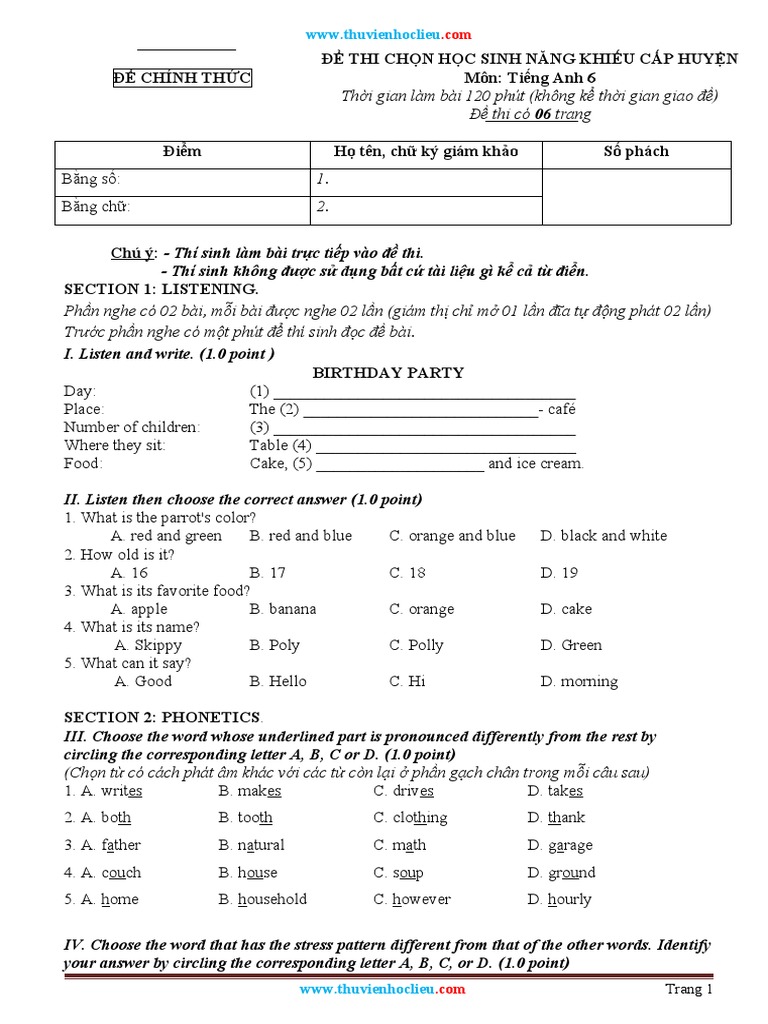 Đề thi HSG Tiếng Anh 6 | PDF
