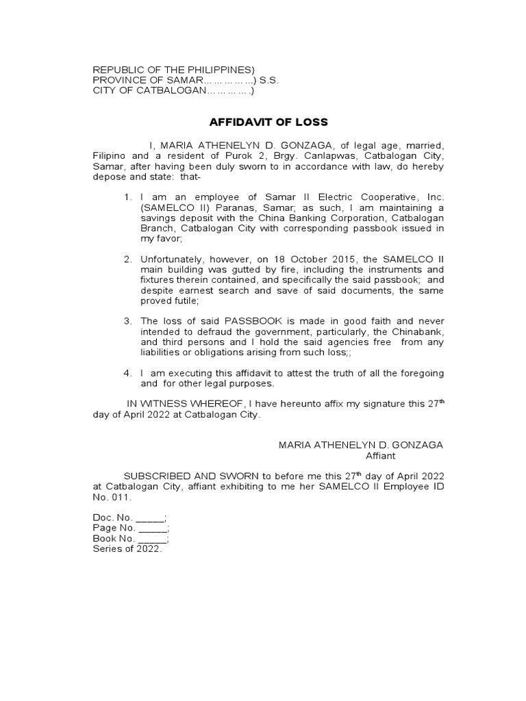 Affidavit of Loss - Bank Passbook - Fire | PDF | Affidavit | Private Law