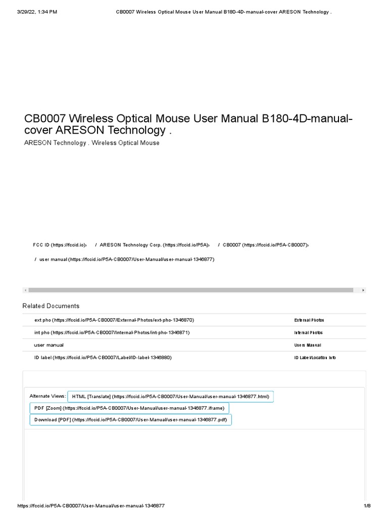CB0007 Wireless Optical Mouse User Manual B180-4D-manual-cover ARESON ...