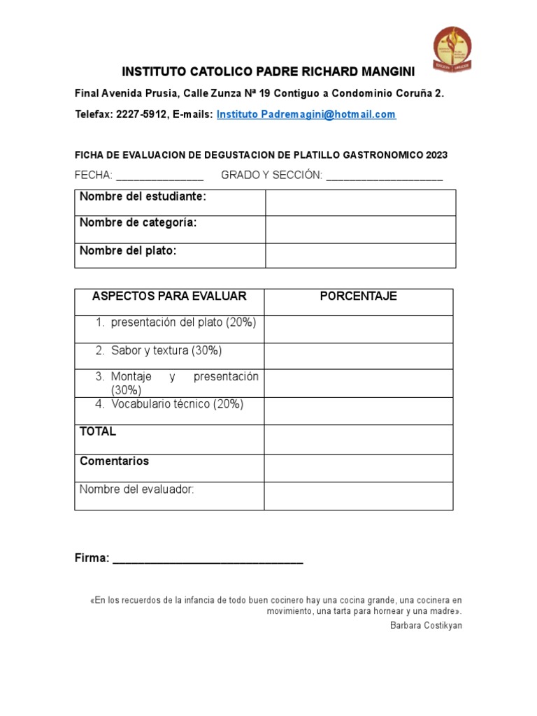 Rubrica de Presentacion de Platillo | PDF