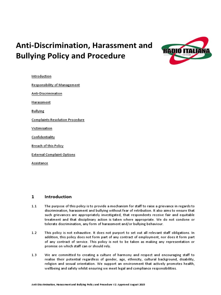 Anti-Discrimination Harassment and Bullying Policy Procedure | PDF ...