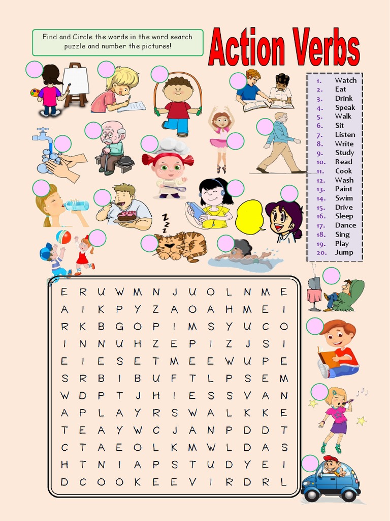 action-verbs-wordsearches_101486 | PDF | Word Search | Linguistics