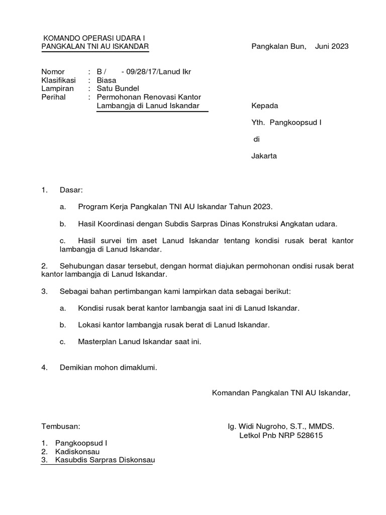 PERMOHONAN RENOVASI KANTOR LAMBANGJA LANUD ISKANDAR | PDF