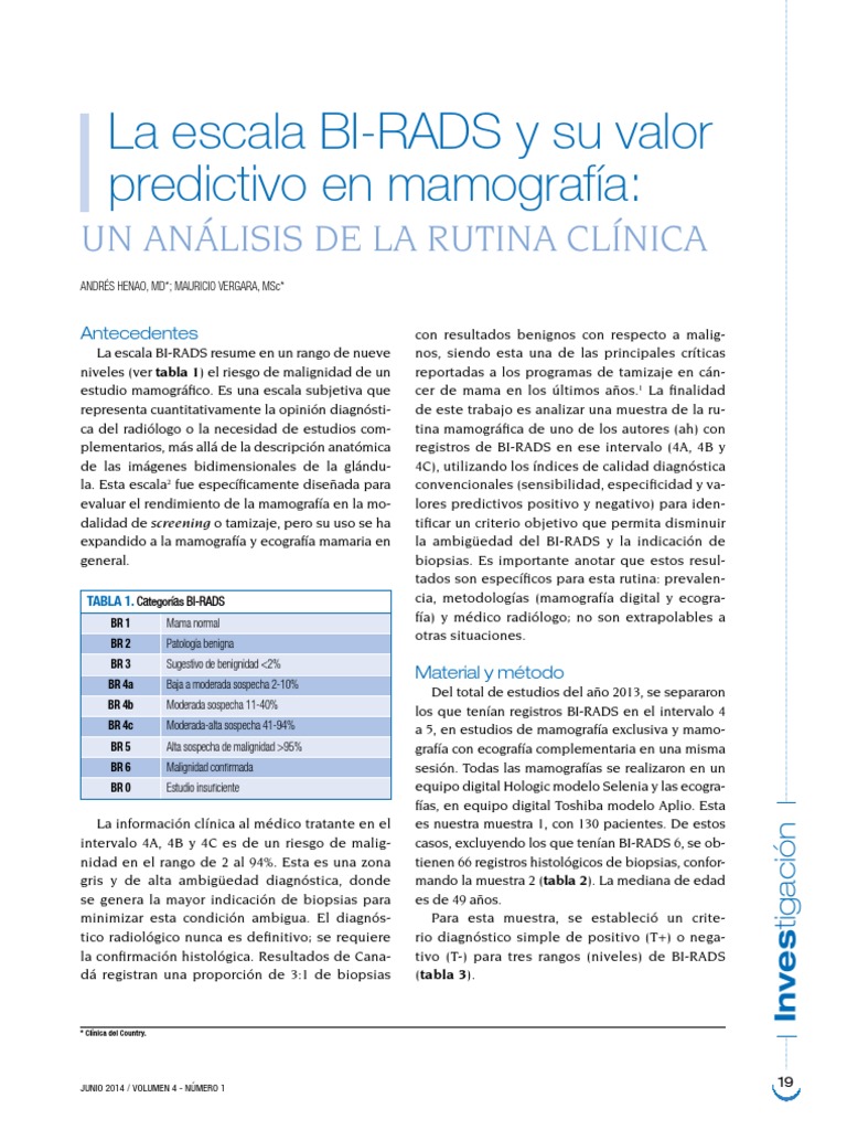 Escala Birads | PDF | Mamografía | Sensibilidad y especificidad