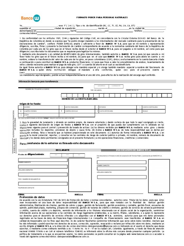Formato Poder Persona Natural | PDF | Bancos | Tarjeta de crédito