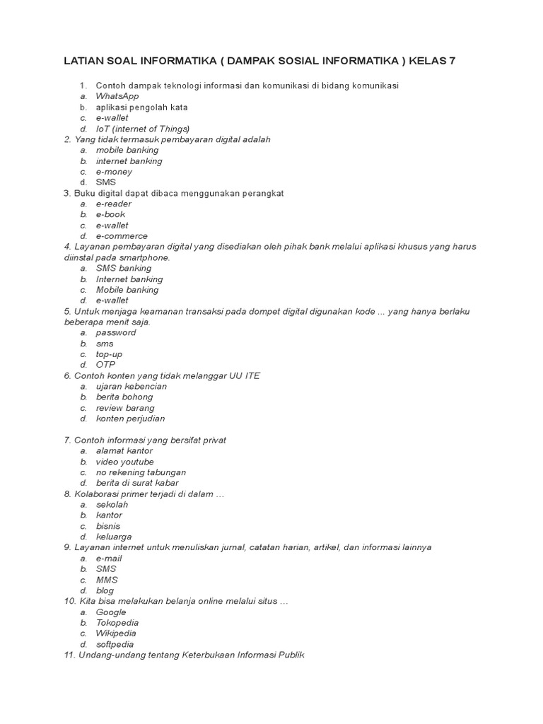 Soal Dampak Sosial Informatika Kls 7 | PDF