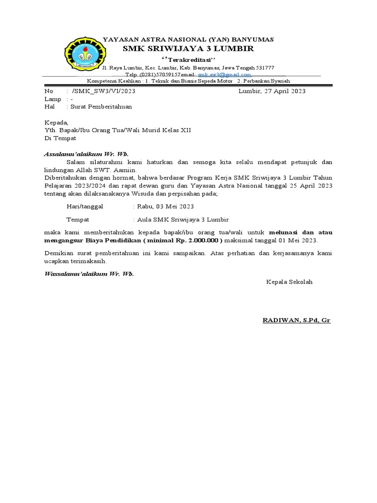 Surat Pemberitahuan Wisuda Dan Undangan | PDF