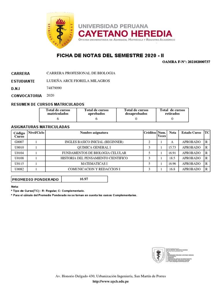 Biolog A UPCH - CICLO I - 74879090 - Ficha - Notas - 20202 - Signed | PDF