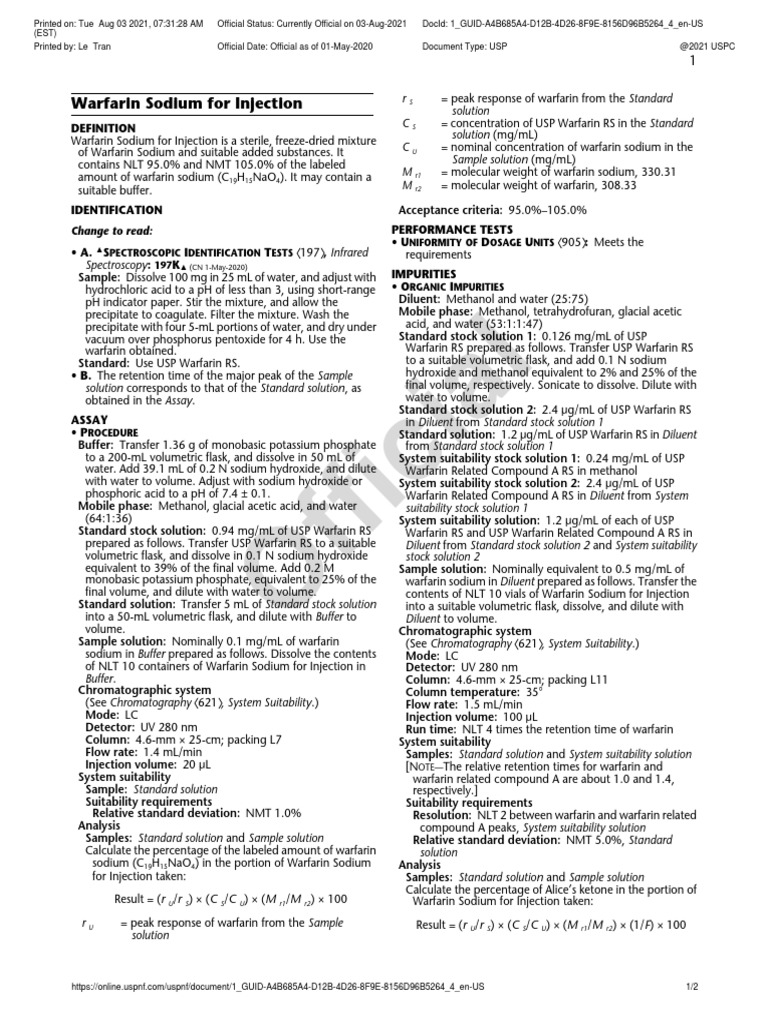 Warfarin Sodium for Injection | PDF | Chromatography | Acid
