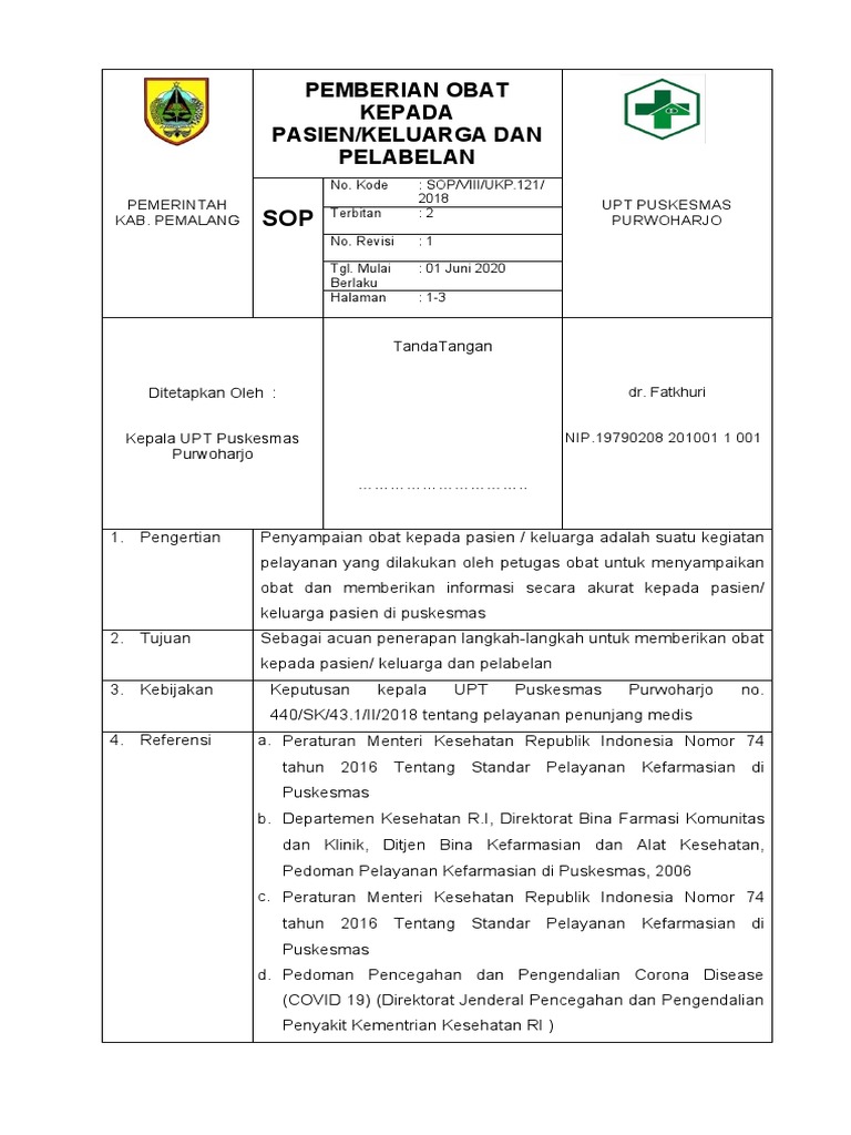 Sop Pemberian Obat KPD Pasien Atau Keluarga | PDF | Kesehatan Holistik