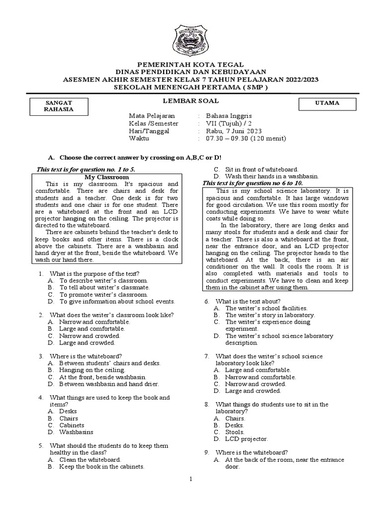 Soal SAS Bahasa Inggris 22 23 KLS 7 SMT 2 | PDF | Schools | Classroom