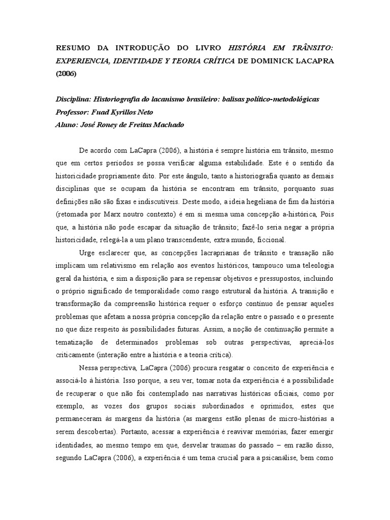 Resumo - LaCapra - A História em Trânsito... | PDF | Experiência ...