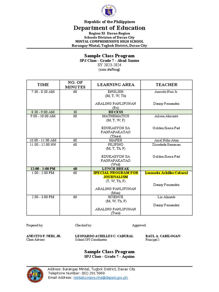 Sample Class Program - SPJ | PDF | Philippines