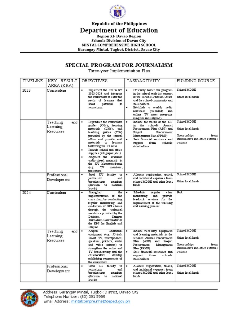 Three Year Implementation Plan - SPJ | PDF | Communication | Learning