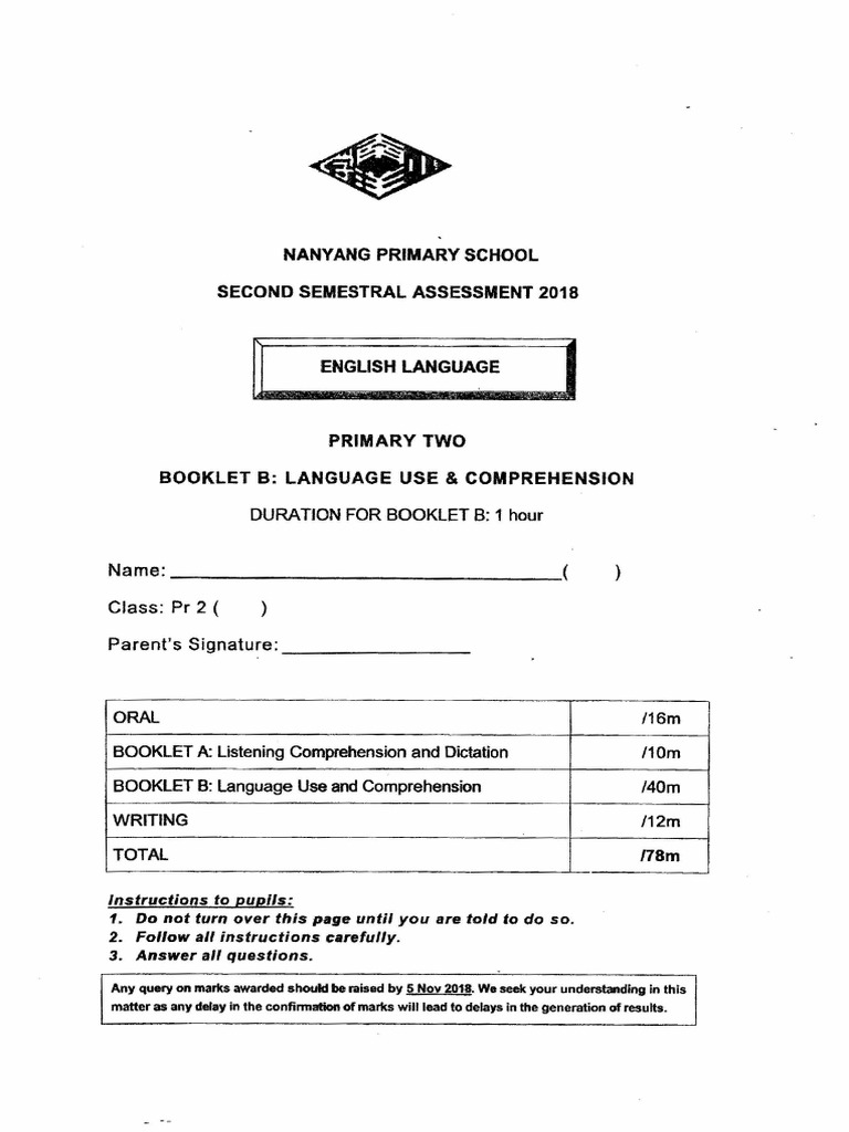 P2 English 2018 SA2 Nanyang Exam Paper | PDF