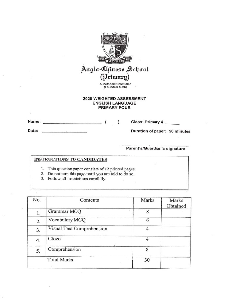 P4 English 2020 SA1 Anglo Chinese Exam Paper | PDF