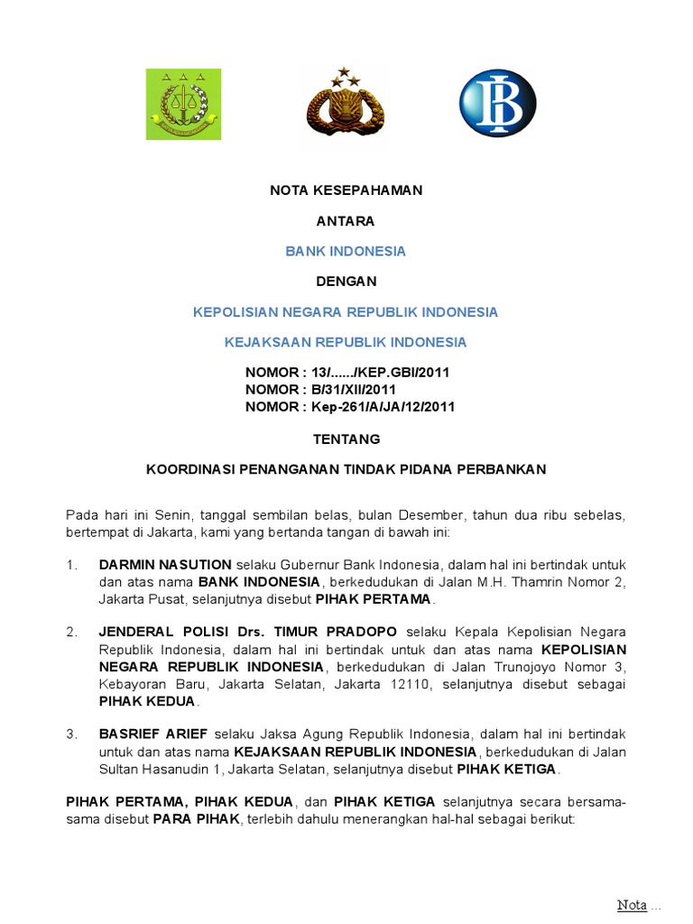 MoU FINAL BANK INDONESIA & POLRI, 19-12-2011 | PDF