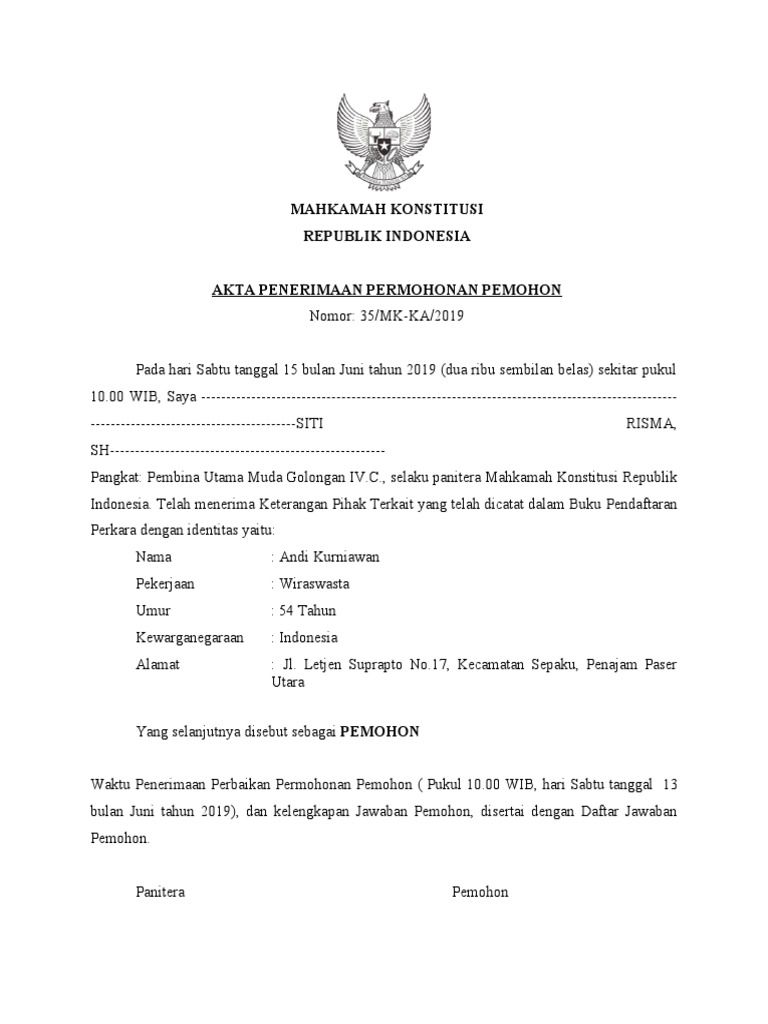 Akta Penerimaan Permohonan Pemohon Revisi | PDF