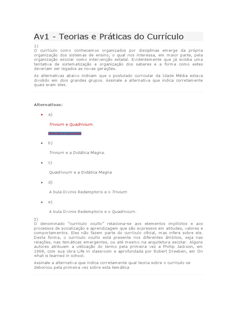 Av1 - Teorias e Práticas do Currículo | PDF | Aprendizado | Pedagogia