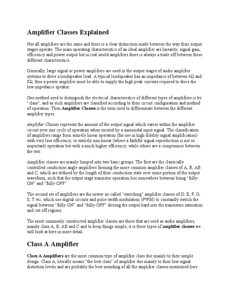 Amplifier Classes Explained | PDF | Amplifier | Transistor