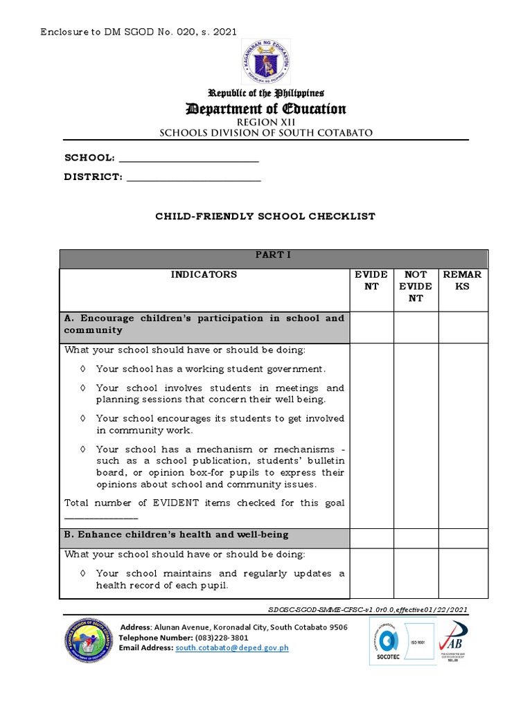 Enclosure To DM SGOD No. 020 S. 2021 Child Friendly School Checklist | PDF | Teachers | Schools