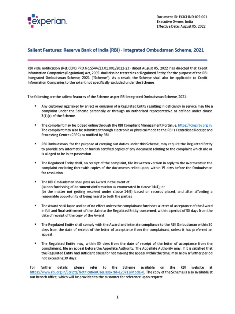 RBI Integrated Ombudsman Scheme Overview | PDF | Reserve Bank Of India ...