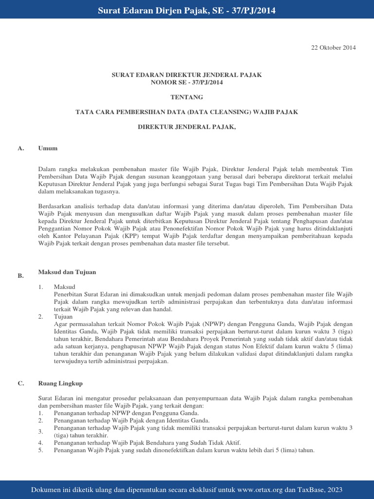Surat Edaran Direktur Jenderal Pajak TTG Tata Cara Pembersihan Pajak | PDF Surat Edaran Direktur Jenderal Pajak TTG Tata Cara Pembersihan Pajak | PDF