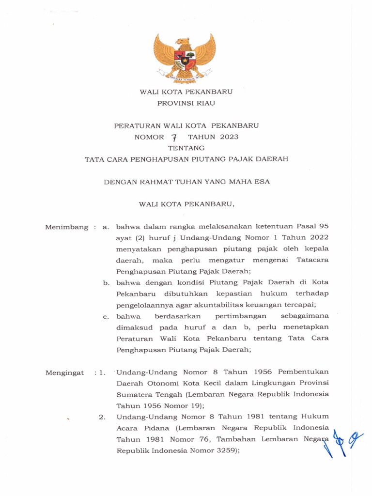 PERWALI NO 7 TAHUN 2023 TENTANG TATA CARA PENGHAPUSAN PIUTANG PAJAK DAERAH | PDF