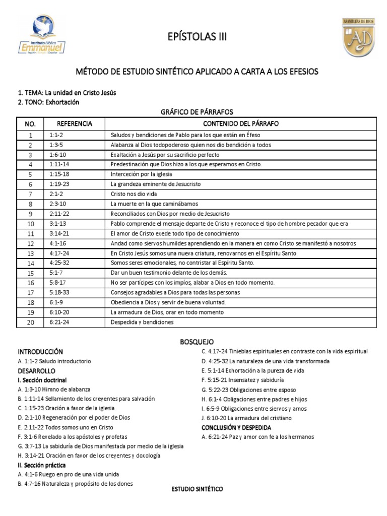 Bosquejo Sintético - Efesios | PDF | Jesús | Oración