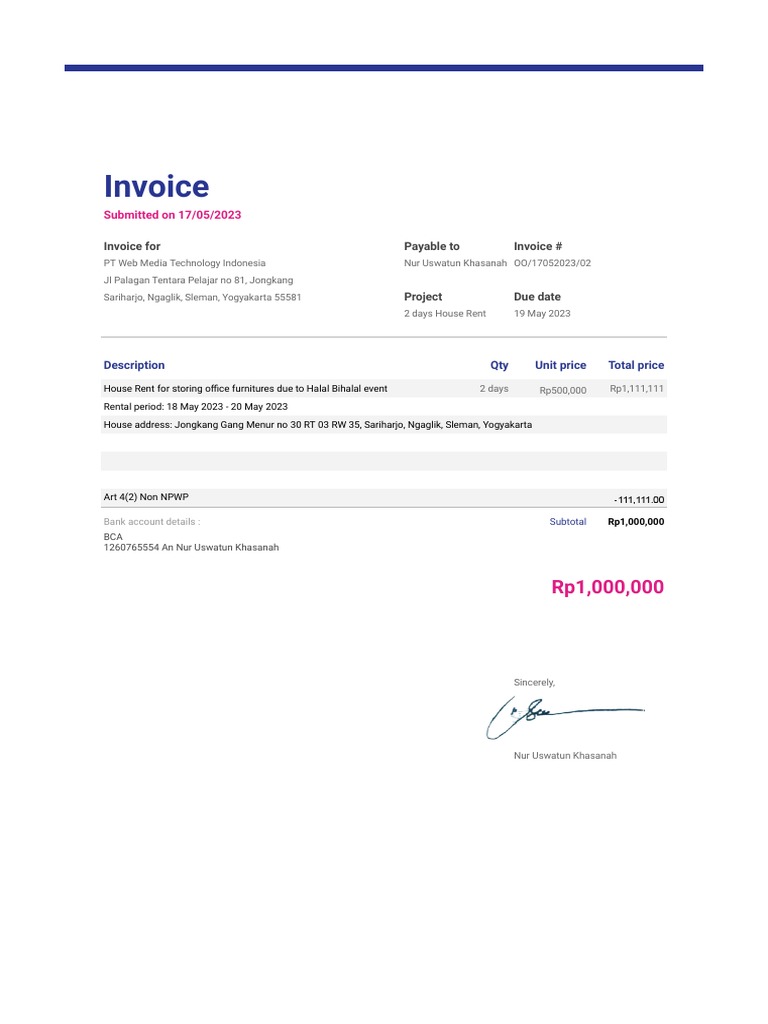 Contoh Invoice Sewa Rumah | PDF