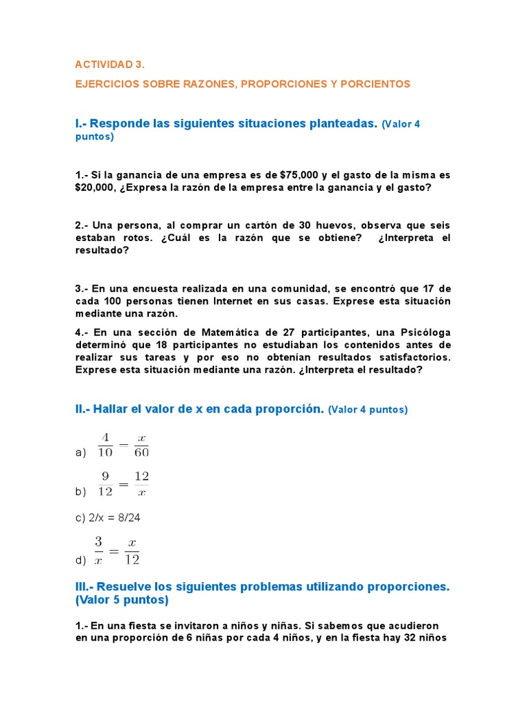Actividad 3. Ejercicios Sobre Razones, Proporciones y Porciento | PDF