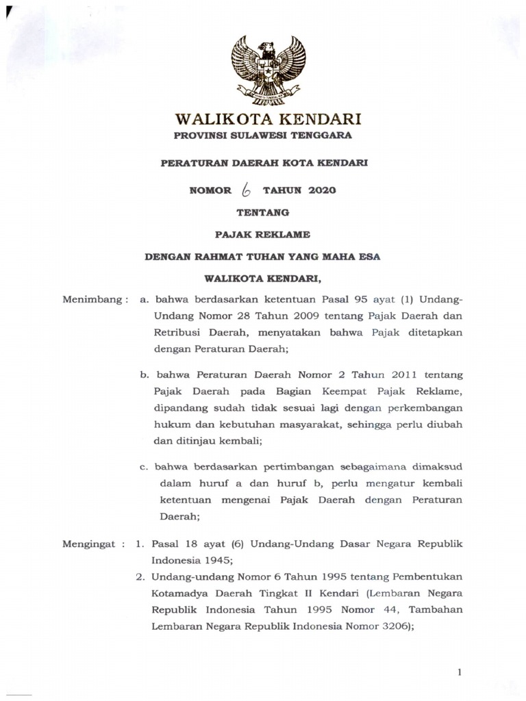 Perda Nomor 6 Tahun 2020 Tentang Pajak Reklame | PDF