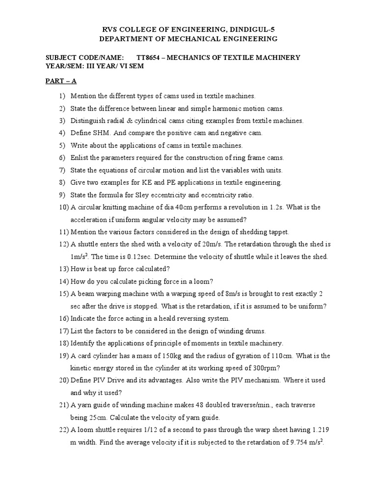 MTM CYCLE test 1 question bank | PDF | Machines | Loom