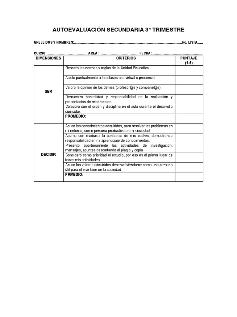 Autoevaluación 3° Trimestre Sec. | PDF