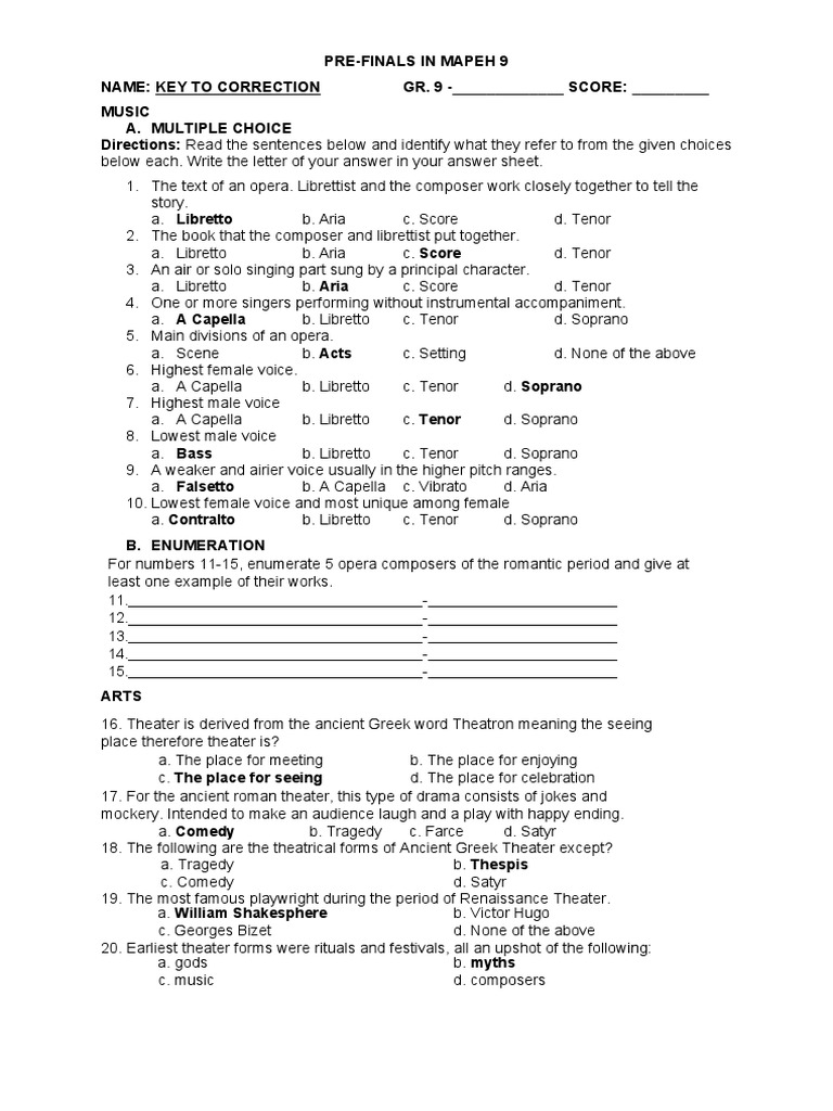 Pre Finals in Mapeh 9 With Key To Correction | PDF | Theatre | Tragedy