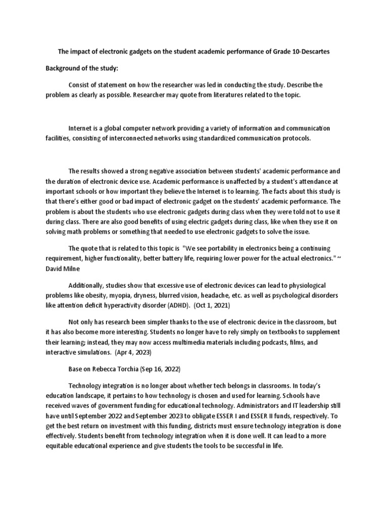 The Impact Of Electronic Gadgets On The Student Academic Performance Of