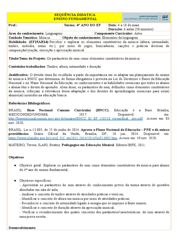 Sequencia Didatica - Modelo PDF | PDF | Som | Pitch (música)