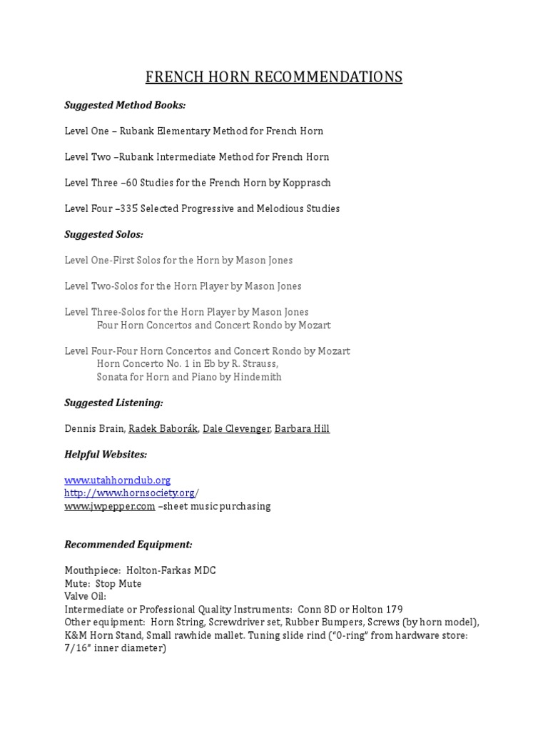 French Horn Method and Solo Recommendations | PDF