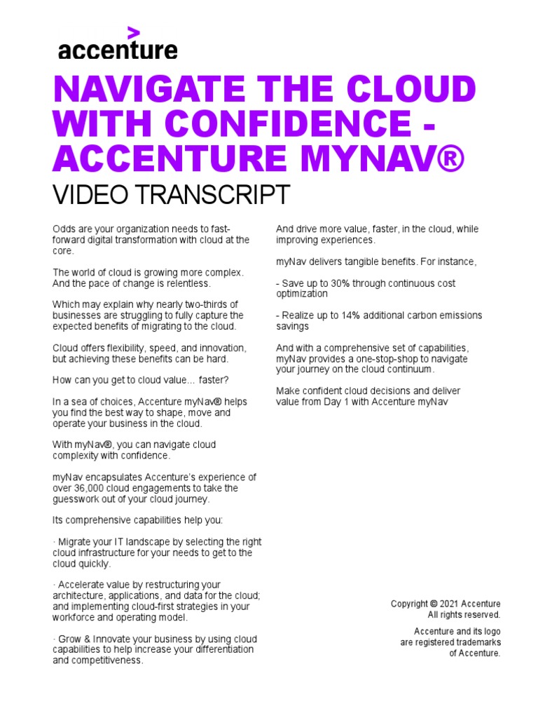 Accenture Navigate The Cloud With Confidence Video Transcript | PDF