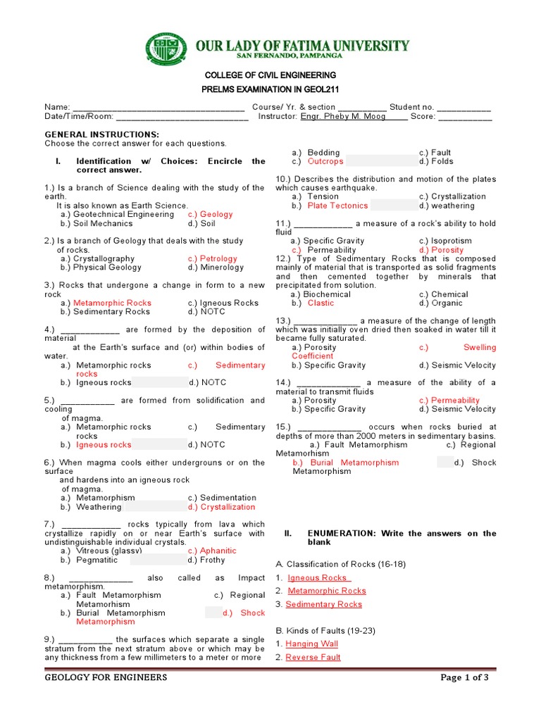 Geol 211 Midterm Exam Engr Moog Answer Key | PDF | Rock (Geology) | Geology