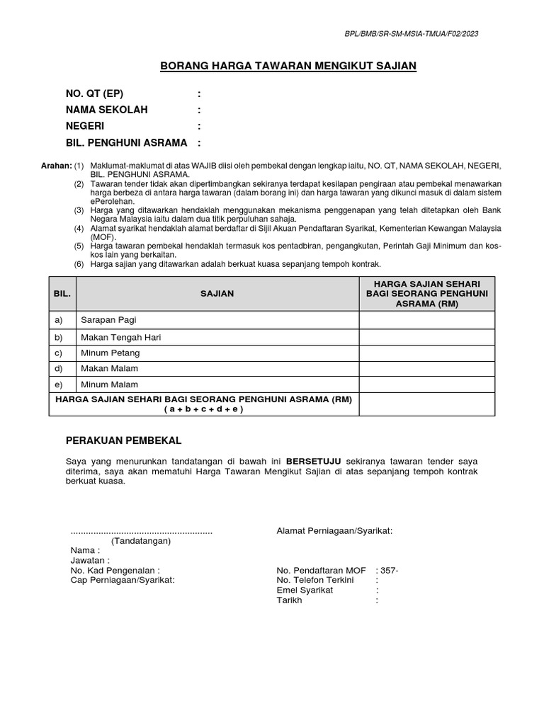 BORANG HARGA TAWARAN MENGIKUT SAJIAN BMB F2 2023 (SR, SM, AMal, TMUA) | PDF