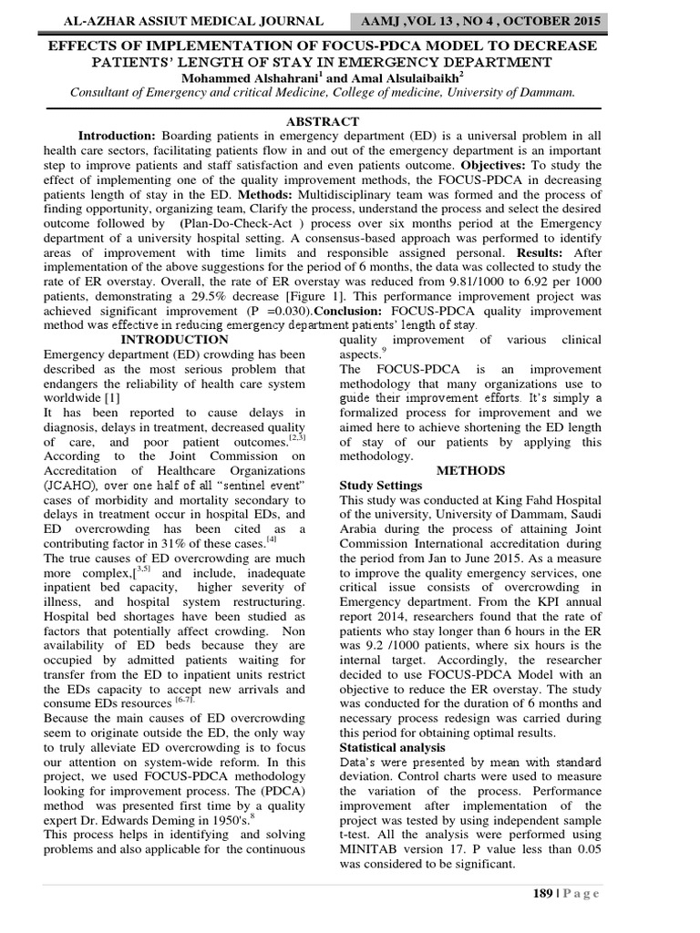 Effects of Implementation of Focus-Pdca Model To Decrease Patients' Length of Stay in Emergency ...