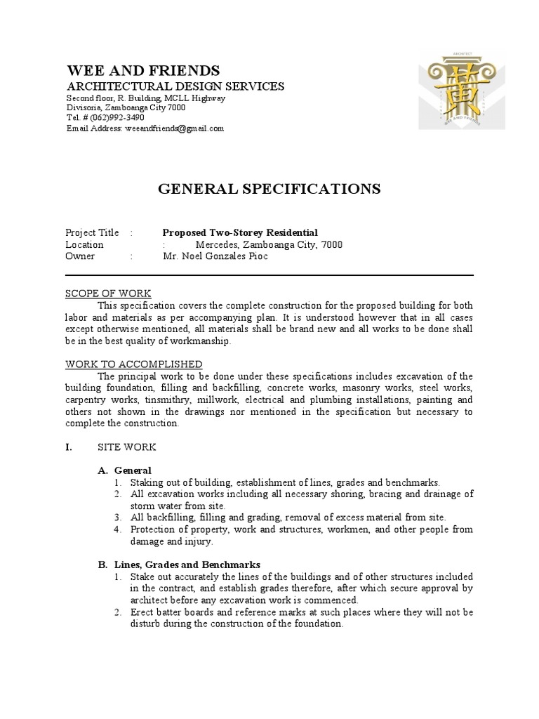 Mr. Pioc General Specifications | PDF | Concrete | Plumbing