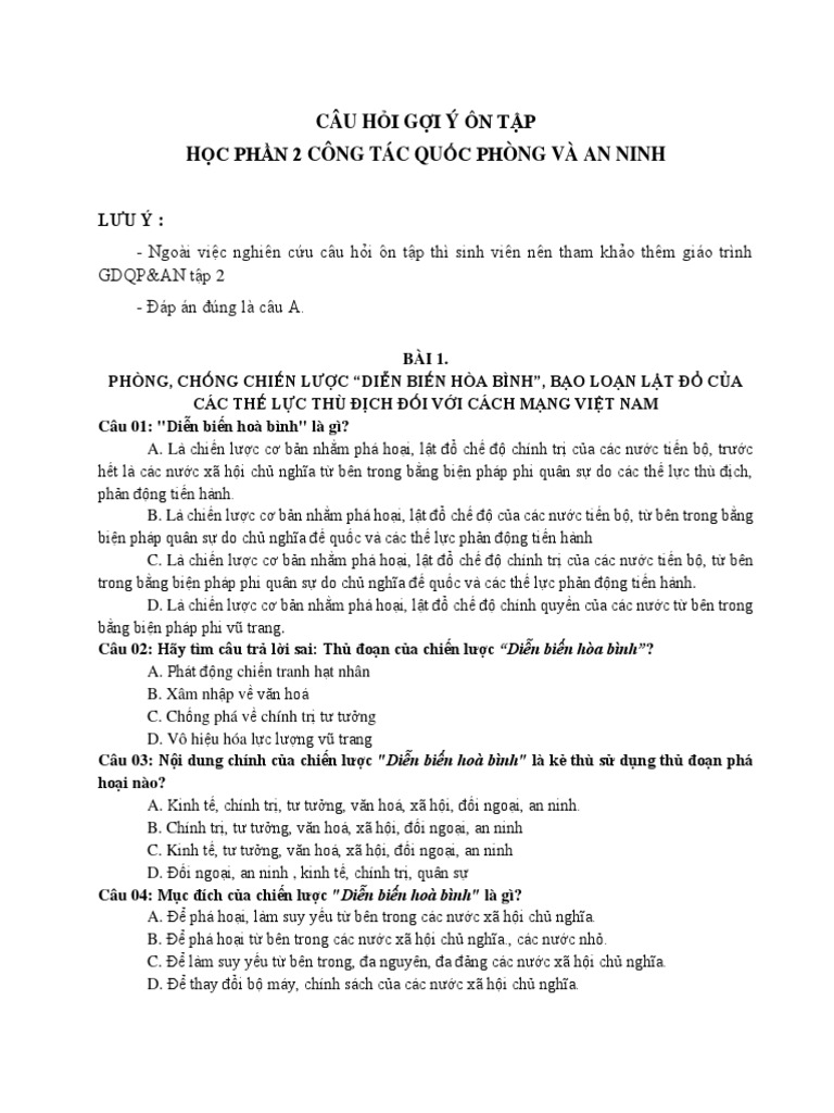 GDQP2 - CÂU HỎI GỢI Ý ÔN TẬP HỌC PHẦN 2 | PDF