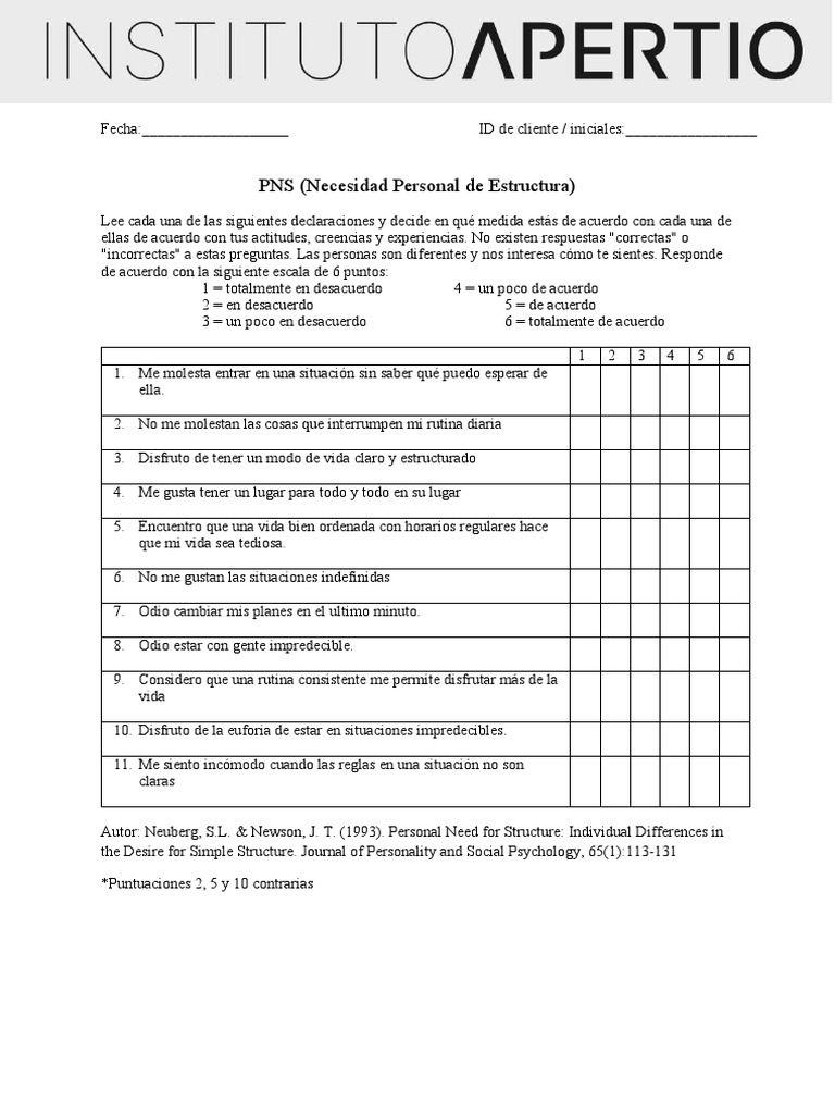 PNS - Personal Need For Structure Scale - ES | PDF