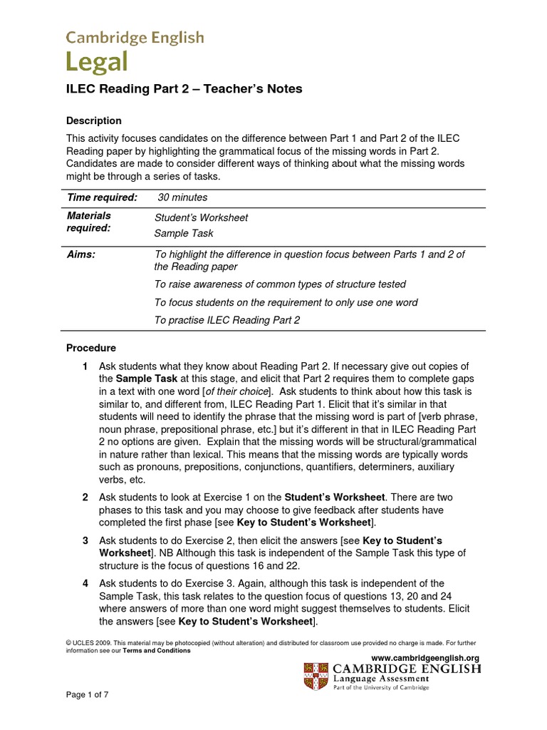 ILEC Reading Part 2 Teacher's Guide | PDF | Verb | Word