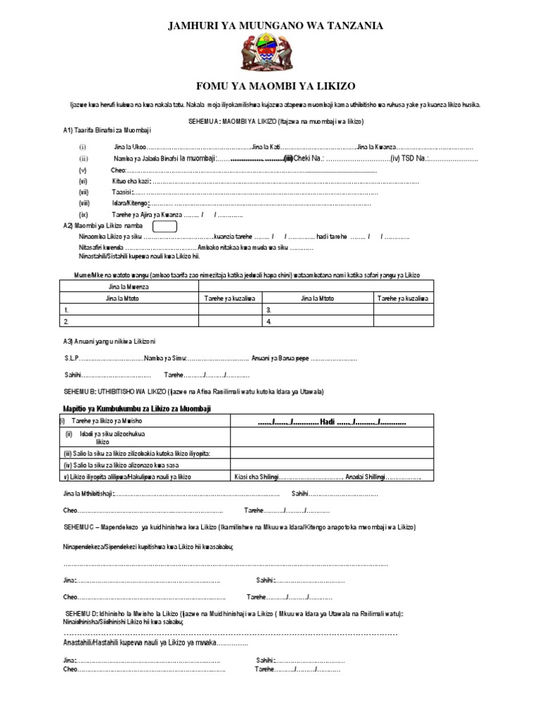 Sw-1656439598-Fomu Ya Maombi Ya Likizo - Kiswahili Version1 New 2014 | PDF
