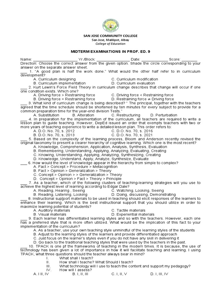 Midterm Exam in Prof. Ed. 9 | PDF | Educational Assessment | Curriculum