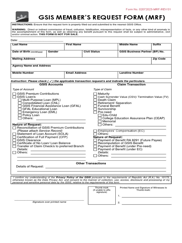 GSIS Member Request Form Guide | PDF | Payments | Business